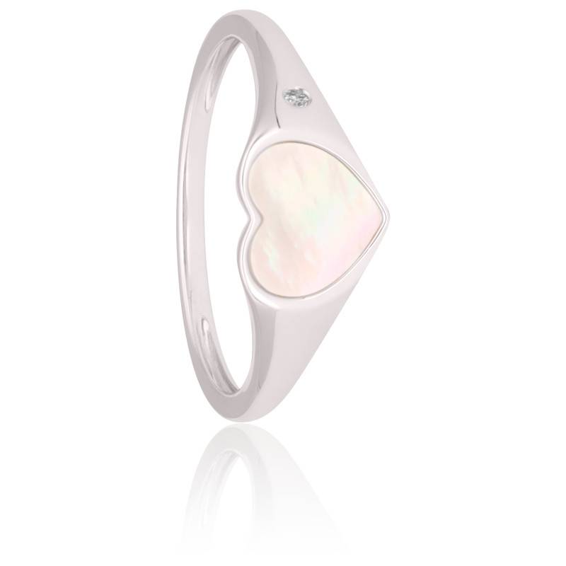 Chevalière Coeur Nacre Rose & Diamant Or Blanc 750 - Aurora - Ocarat