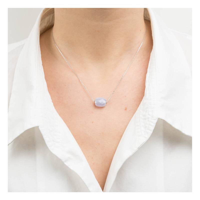 Collier Agate Bleue Coussin & Or Blanc 750 - Morganne Bello - Ocarat
